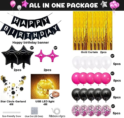 Black and Hot Pink Birthday Decorations, Happy Birthday Decorations,Happy Birthday Banner with LED light Gold Metallic Tinsel Foil Fringe Curtains Stars Confetti Balloon Birthday Decorations for Women Girls Boys Men