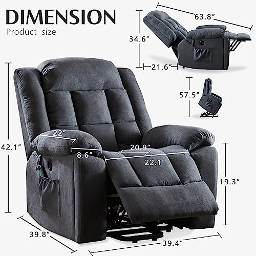 worldchoice Power Lift Chair Recliner Chair Oversize 40" Electric Recliner Chair Lift Sofa for Elderly with Heat and Massage Oversize Recliner with 2 Cup Holder, USB Port (Gray)