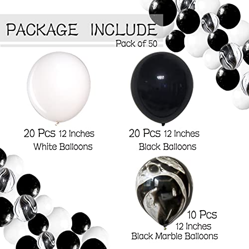 Mayen 50 Pcs 12 Inches Black and White Balloons, Black Marble Balloons, Tie Dye Swirl Balloons, Black and White Birthday Party Decorations, Black and White Party Supplies