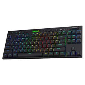 redragon k621 horus tkl wireless rgb mechanical keyboard, 5.0 bt/2.4 ghz/wired three modes 80% ultra-thin low profile bluetooth keyboard w/dedicated media control & clicky blue switches, black