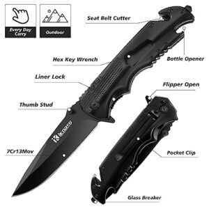 IKORES Pocket Knife for Men, 4 inch Multitool Folding Knife with Nylon Sheath and Pocket Clip, Bottle Opener, Glass Breaker, Seatbelt Cutter and Wrench, Black