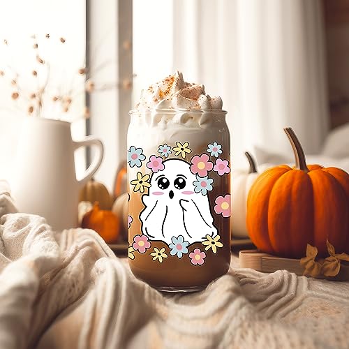 GSPY Halloween Ghost Iced Coffee Glass Cups, 16oz Cute Floral Ghost Can Shaped Glass Cups with Lids and Straws, Halloween Gifts, Spooky Halloween Tumbler Mug for Women Girls