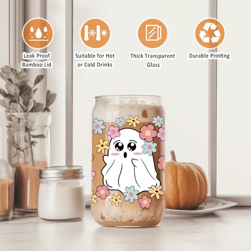 GSPY Halloween Ghost Iced Coffee Glass Cups, 16oz Cute Floral Ghost Can Shaped Glass Cups with Lids and Straws, Halloween Gifts, Spooky Halloween Tumbler Mug for Women Girls