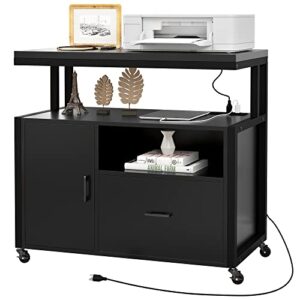 yitahome wood file cabinet with charging station, rolling filing cabinet cart with door, industrial nightstand with printer shelf for home office, bedroom, living room, entryway, black