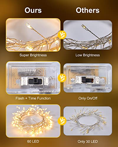 Fairy Lights Battery Operated, Twinkle String Lights Waterproof Silver Wire 5 Feet 60 Led Firecracker Starry Lights for DIY Wreath Home Wedding Party Bedroom Mason Jar Holiday Christmas, Warm White