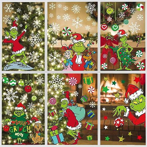 100 PCS Christmas Window Clings - Christmas Window Clings for Glass Windows,Christmas Elf Faces Window Stickers with Snowflake,Double Sided Static Window Clings for Christmas Window Decals(9 Sheets)