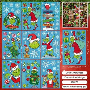 100 PCS Christmas Window Clings - Christmas Window Clings for Glass Windows,Christmas Elf Faces Window Stickers with Snowflake,Double Sided Static Window Clings for Christmas Window Decals(9 Sheets)