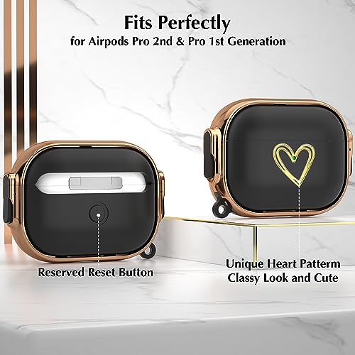 Aiiko Airpod Pro 2nd/1st Generation Case with Lock, AirPods Pro Case with Keychain Golden Heart Pattern Shockproof Protective Cover for Girls Women Compatible Apple Airpods Pro 2 / Pro 1 Gen-Black