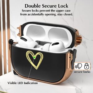 Aiiko Airpod Pro 2nd/1st Generation Case with Lock, AirPods Pro Case with Keychain Golden Heart Pattern Shockproof Protective Cover for Girls Women Compatible Apple Airpods Pro 2 / Pro 1 Gen-Black