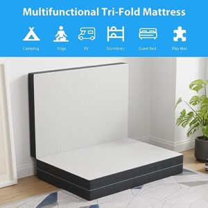 4 inch Tri Fold Folding Mattress Memory Foam Mattress Topper Portable Foldable Mattress Topper for Camping, Guest, Floor RV, CertiPUR-US Certified,with Washable Cover,Easy Storage, Twin