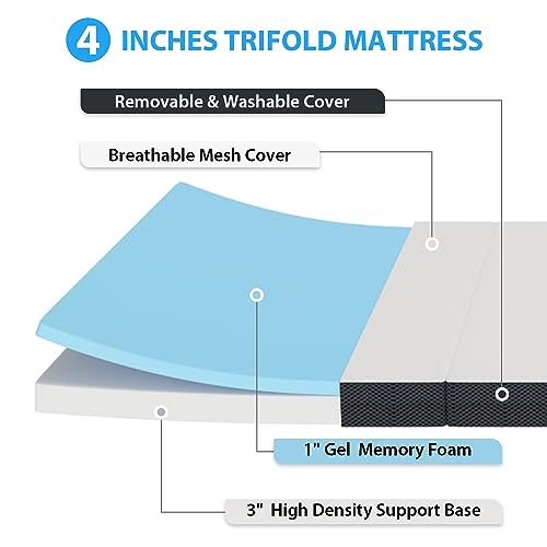 4 inch Tri Fold Folding Mattress Memory Foam Mattress Topper Portable Foldable Mattress Topper for Camping, Guest, Floor RV, CertiPUR-US Certified,with Washable Cover,Easy Storage, Twin