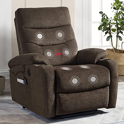 THIHOME Electric Power Lift Recliner Chair Sofa with Massage and Heat for Elderly, 3 Positions, 2 Side Pockets and Cup Holders, USB Ports, High-end Quality Fabric for Home Living Room Bedroom, Brown