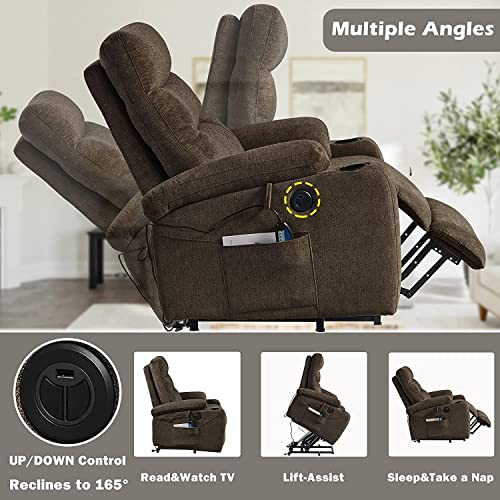 THIHOME Electric Power Lift Recliner Chair Sofa with Massage and Heat for Elderly, 3 Positions, 2 Side Pockets and Cup Holders, USB Ports, High-end Quality Fabric for Home Living Room Bedroom, Brown