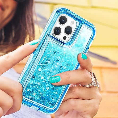 WOLLONY for iPhone 14 Pro Max Case Glitter Floating Liquid Shiny Quicksand Case for Women Girls Heavy Duty Shockproof Protective Case Hard PC Bumper Soft TPU Cover for iPhone 14 Pro Max 6.7'' Blue