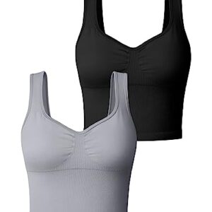 OQQ Women's 2 Piece Tank Shirt Seamless Workout Exercise Padded Sports Yoga Crop Bra, Black,grey, Medium