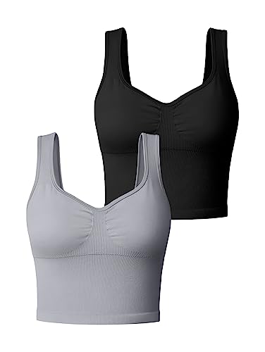 OQQ Women's 2 Piece Tank Shirt Seamless Workout Exercise Padded Sports Yoga Crop Bra, Black,grey, Medium