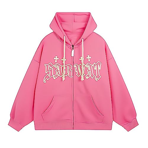 Lafaguw Zip Up Hoodie for Women Cross Graphic Hoodies Y2k Jacket Fashion Aesthetic Sweatshirt Gothic Clothes Pink-L