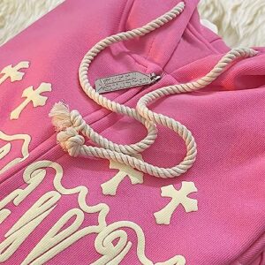 Lafaguw Zip Up Hoodie for Women Cross Graphic Hoodies Y2k Jacket Fashion Aesthetic Sweatshirt Gothic Clothes Pink-L