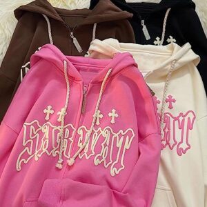 Lafaguw Zip Up Hoodie for Women Cross Graphic Hoodies Y2k Jacket Fashion Aesthetic Sweatshirt Gothic Clothes Pink-L