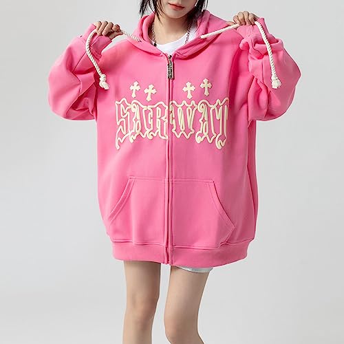 Lafaguw Zip Up Hoodie for Women Cross Graphic Hoodies Y2k Jacket Fashion Aesthetic Sweatshirt Gothic Clothes Pink-L