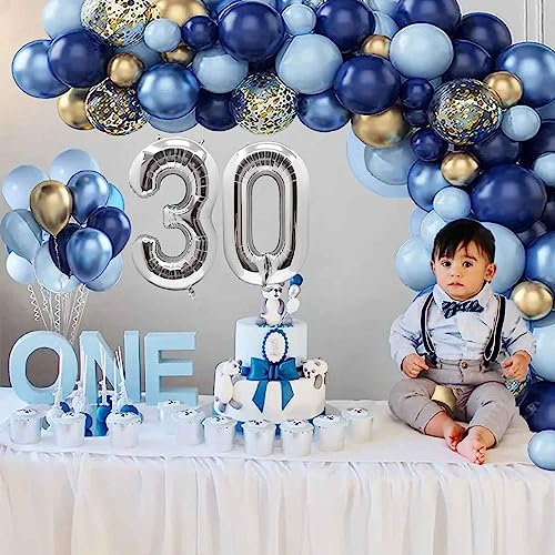 Navy Blue Silver Happy Birthday Party Decorations Set for Men Boys Women Girls, Banner, Crown Balloon, Fringe Curtains, Cake Topper for 1th 16th 18th 30th Party Supplies((blue 30)