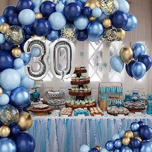 Navy Blue Silver Happy Birthday Party Decorations Set for Men Boys Women Girls, Banner, Crown Balloon, Fringe Curtains, Cake Topper for 1th 16th 18th 30th Party Supplies((blue 30)