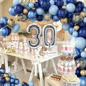 Navy Blue Silver Happy Birthday Party Decorations Set for Men Boys Women Girls, Banner, Crown Balloon, Fringe Curtains, Cake Topper for 1th 16th 18th 30th Party Supplies((blue 30)