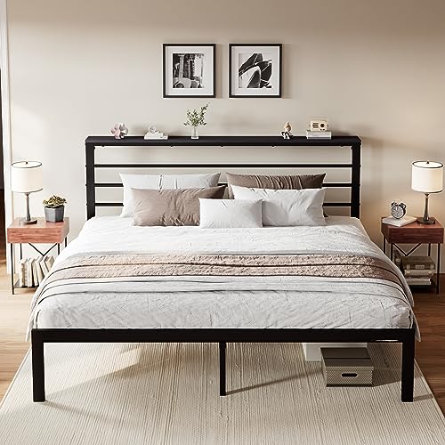 SHA CERLIN King Size Bed Frame with Headboard Shelf, Heavy Duty Platform Bed Frame with Strong Metal Foundation, No Box Spring Needed, Black