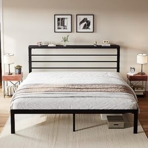 SHA CERLIN King Size Bed Frame with Headboard Shelf, Heavy Duty Platform Bed Frame with Strong Metal Foundation, No Box Spring Needed, Black