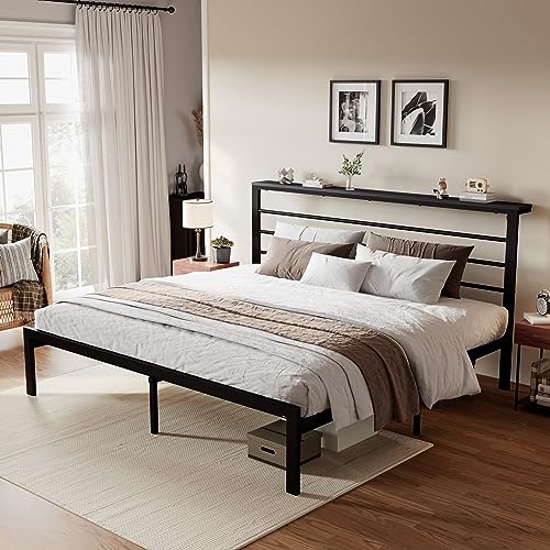 SHA CERLIN King Size Bed Frame with Headboard Shelf, Heavy Duty Platform Bed Frame with Strong Metal Foundation, No Box Spring Needed, Black