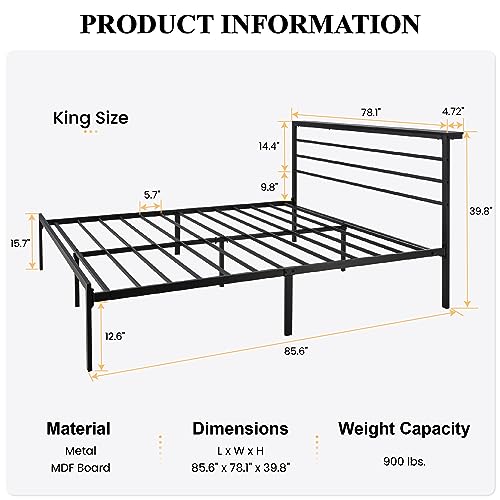 SHA CERLIN King Size Bed Frame with Headboard Shelf, Heavy Duty Platform Bed Frame with Strong Metal Foundation, No Box Spring Needed, Black