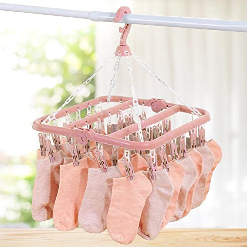 Clip and Drip Hanger Clothes Drying Hanger with 32 Clips and Drip Foldable Hanging Rack Underwear Hanger Clothespin Hanger Rack for Socks Clothes