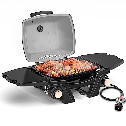 Ooiior Portable Gas Grill, Small Gas Grills Propane, Tabletop Gas Grill Outdoor Camping Grill BBQ Grill 24000 BTU with 2 Burners, Removable Side Tables, Built in Thermometer, Grey