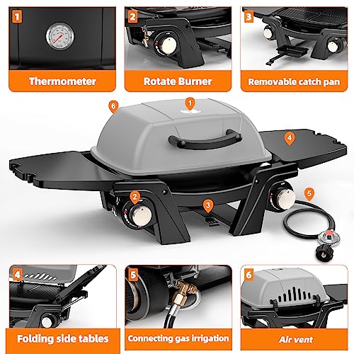 Ooiior Portable Gas Grill, Small Gas Grills Propane, Tabletop Gas Grill Outdoor Camping Grill BBQ Grill 24000 BTU with 2 Burners, Removable Side Tables, Built in Thermometer, Grey