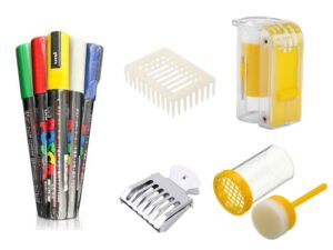 queen bee marking kit - includes 5 posca marking pens, one handed queen catcher, stainless steel queen clip, marking plunger and push catcher