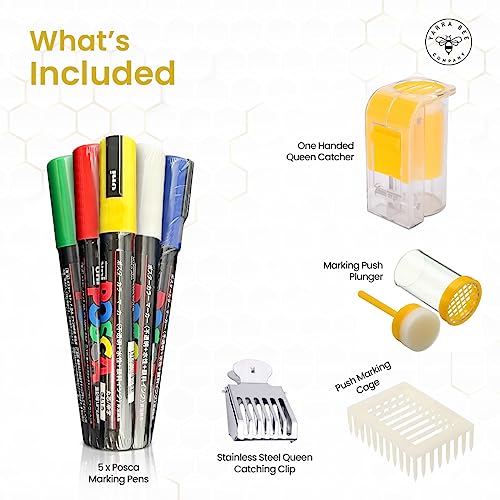 Queen Bee Marking Kit - Includes 5 Posca Marking Pens, One Handed Queen Catcher, Stainless Steel Queen Clip, Marking Plunger and Push Catcher