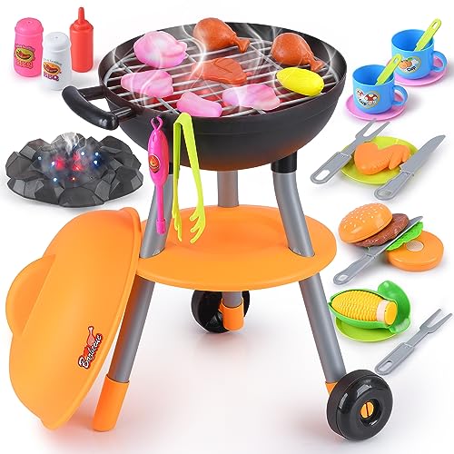 Kids Toy BBQ Grill Playsets, Play Kitchen Barbecue Grill with Pretend Smoke,Light,Sound & Color-Changing Play Food, Cooking Toy Set, Camping Outdoor Toys for Kids Ages 4-8 3-5 Boy Girl Gift