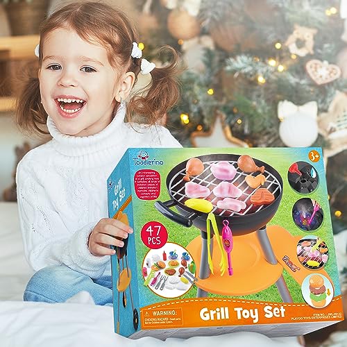 Kids Toy BBQ Grill Playsets, Play Kitchen Barbecue Grill with Pretend Smoke,Light,Sound & Color-Changing Play Food, Cooking Toy Set, Camping Outdoor Toys for Kids Ages 4-8 3-5 Boy Girl Gift