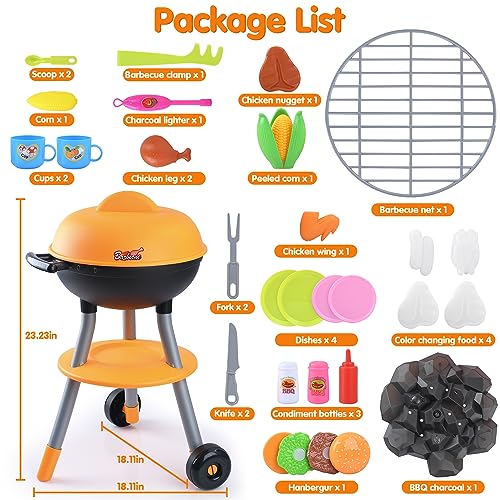 Kids Toy BBQ Grill Playsets, Play Kitchen Barbecue Grill with Pretend Smoke,Light,Sound & Color-Changing Play Food, Cooking Toy Set, Camping Outdoor Toys for Kids Ages 4-8 3-5 Boy Girl Gift