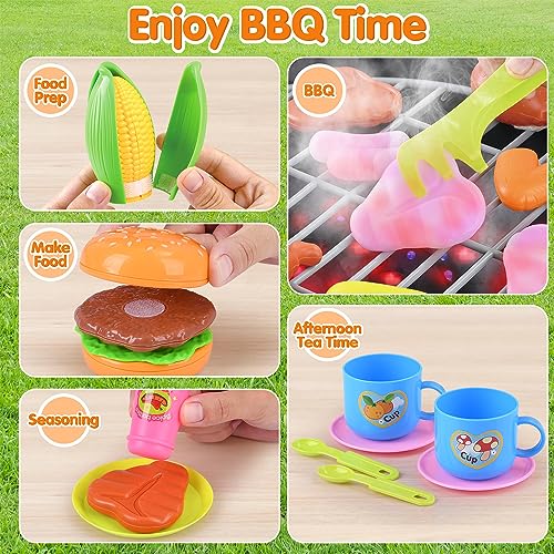 Kids Toy BBQ Grill Playsets, Play Kitchen Barbecue Grill with Pretend Smoke,Light,Sound & Color-Changing Play Food, Cooking Toy Set, Camping Outdoor Toys for Kids Ages 4-8 3-5 Boy Girl Gift