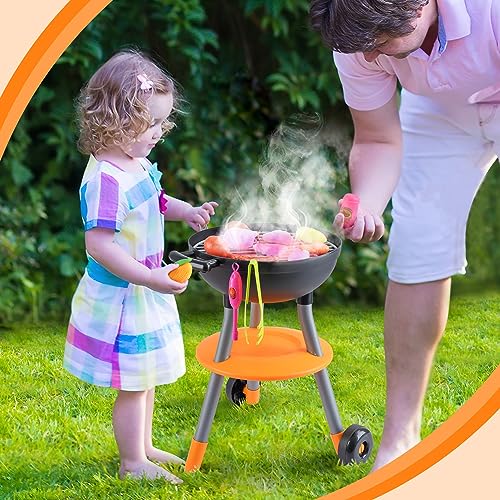 Kids Toy BBQ Grill Playsets, Play Kitchen Barbecue Grill with Pretend Smoke,Light,Sound & Color-Changing Play Food, Cooking Toy Set, Camping Outdoor Toys for Kids Ages 4-8 3-5 Boy Girl Gift