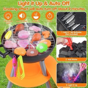 Kids Toy BBQ Grill Playsets, Play Kitchen Barbecue Grill with Pretend Smoke,Light,Sound & Color-Changing Play Food, Cooking Toy Set, Camping Outdoor Toys for Kids Ages 4-8 3-5 Boy Girl Gift