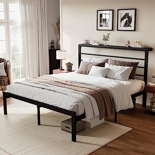 SHA CERLIN Full Size Bed Frame with Headboard Shelf, Heavy Duty Platform Bed Frame with Strong Metal Foundation, No Box Spring Needed, Black