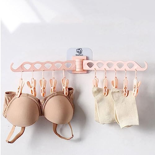 Rotatable Cloth Hanger with 10 Clips, Wall Mount Foldable Clothes Drying Laundry Rack Bra Socks Drying Rack Hooks Bathroom Organizer(Pink)