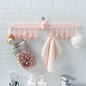 Rotatable Cloth Hanger with 10 Clips, Wall Mount Foldable Clothes Drying Laundry Rack Bra Socks Drying Rack Hooks Bathroom Organizer(Pink)