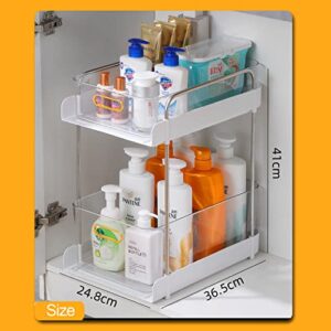 Pull Out Under Sink Organizer 2 Tier Multi Purpose Sink Organizers Storage for Bathroom Kitchen Sink Storage Organizer Sliding Cabinet Organizer,White,L