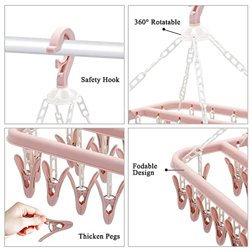 Clothes Drying Rack - Swivel Clip and Drip Hanger Clothes Hanger Drying Rack | Sock Dryer with Pegs, Underwear Hangers with Clips, Laundry Hanger Dryer Rack Laundry Room Hanger Rack with 32 Clips