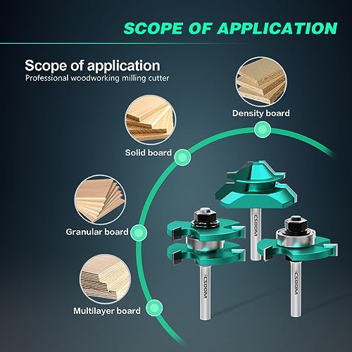 CSOOM 3PCS 45 Degree Miter Router Bits & Tongue and Grooving Router Bits All with 1/4 Shank, Ideal for MDF, Hardwood, Softwood, and Particleboard.