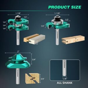 CSOOM 3PCS 45 Degree Miter Router Bits & Tongue and Grooving Router Bits All with 1/4 Shank, Ideal for MDF, Hardwood, Softwood, and Particleboard.