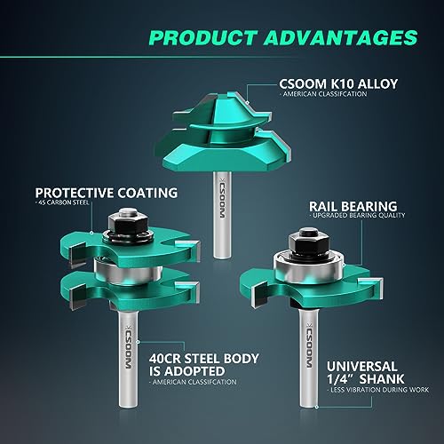 CSOOM 3PCS 45 Degree Miter Router Bits & Tongue and Grooving Router Bits All with 1/4 Shank, Ideal for MDF, Hardwood, Softwood, and Particleboard.